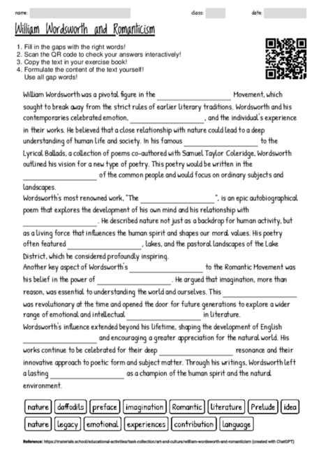 Worksheet with the topic "William Wordsworth and Romanticism ...