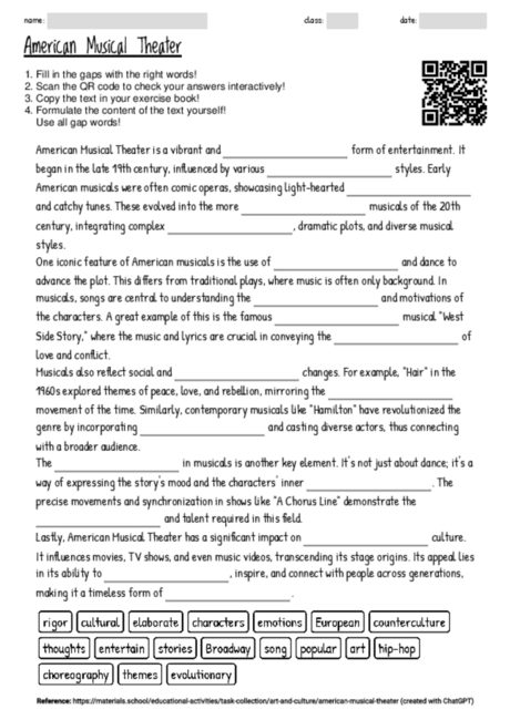 Worksheet with the topic "American Musical Theater" | MATERIALS.SCHOOL