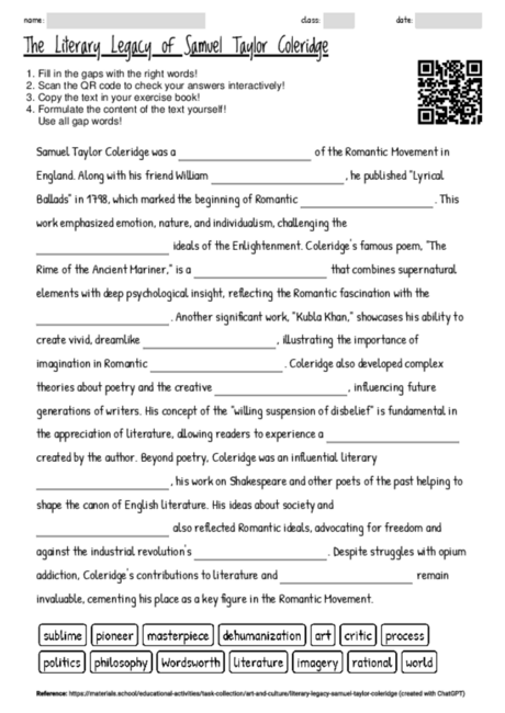 Worksheet with the topic "The Literary Legacy of Samuel Taylor ...