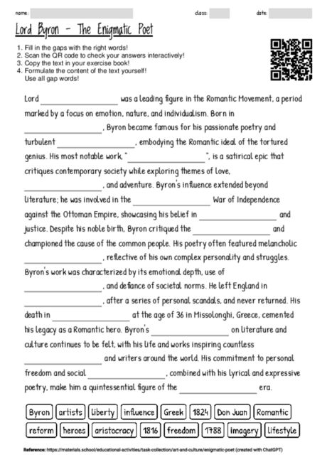 Worksheet with the topic "Lord Byron - The Enigmatic Poet" | MATERIALS ...