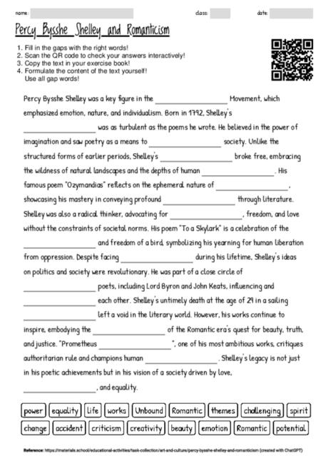 Worksheet with the topic "Percy Bysshe Shelley and Romanticism ...