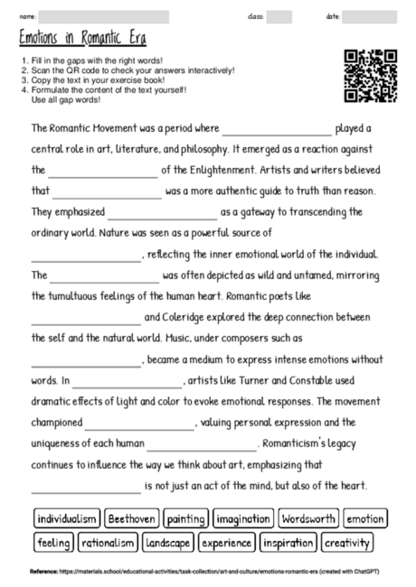 Worksheet with the topic "Emotions in Romantic Era" | MATERIALS.SCHOOL