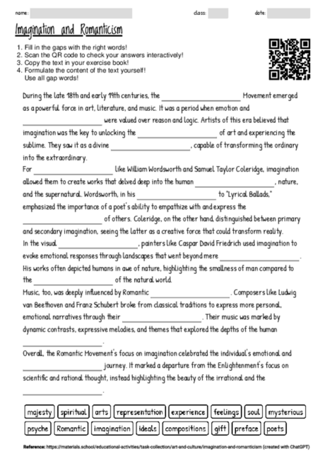 Worksheet with the topic "Imagination and Romanticism" | MATERIALS.SCHOOL