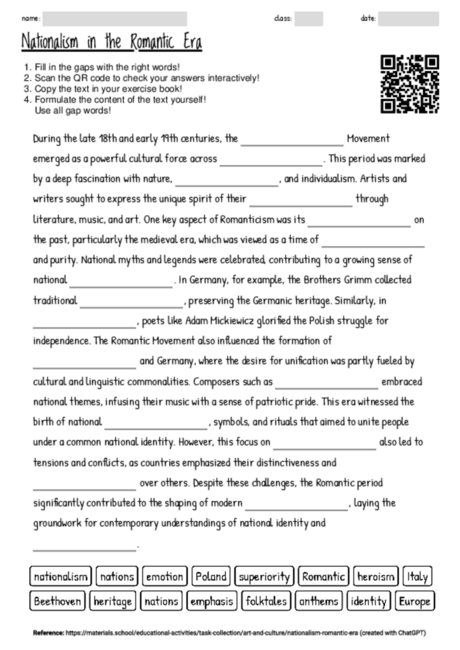 Worksheet with the topic "Nationalism in the Romantic Era" | MATERIALS ...