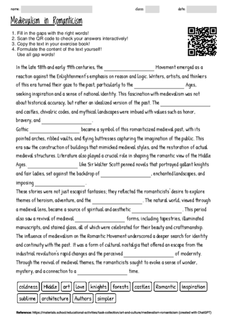 Worksheet with the topic "Medievalism in Romanticism" | MATERIALS.SCHOOL