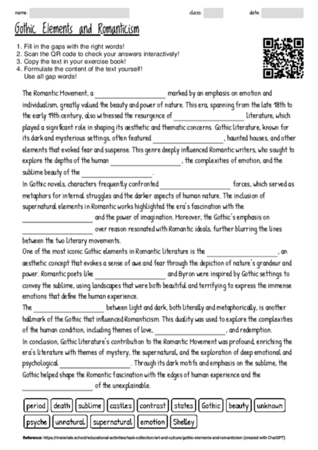Worksheet with the topic "Gothic Elements and Romanticism" | MATERIALS ...
