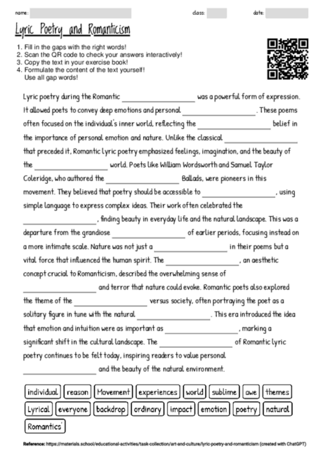 Worksheet with the topic "Lyric Poetry and Romanticism" | MATERIALS.SCHOOL