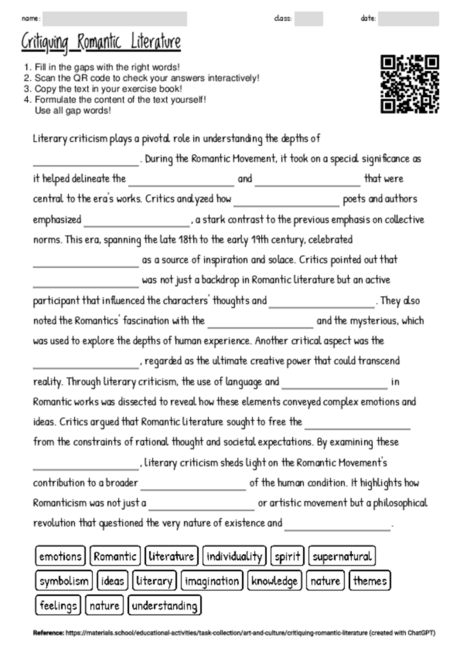 Worksheet with the topic "Critiquing Romantic Literature" | MATERIALS ...