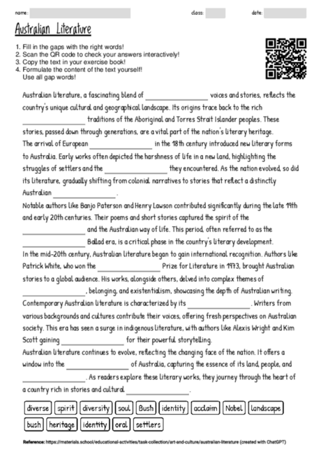 Worksheet with the topic "Australian Literature" | MATERIALS.SCHOOL