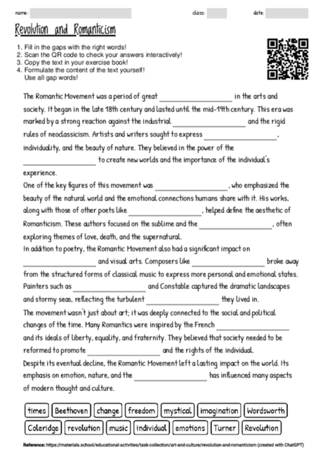 Worksheet with the topic "Revolution and Romanticism" | MATERIALS.SCHOOL
