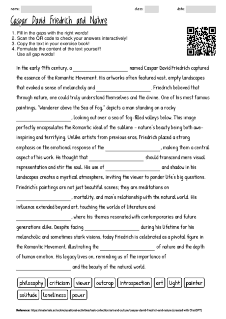 Worksheet with the topic "Caspar David Friedrich and Nature ...