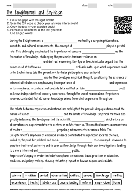 Worksheet with the topic "The Enlightenment and Empiricism" | MATERIALS ...