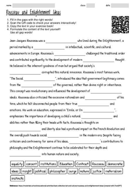 Worksheet with the topic "Rousseau and Enlightenment Ideas" | MATERIALS ...