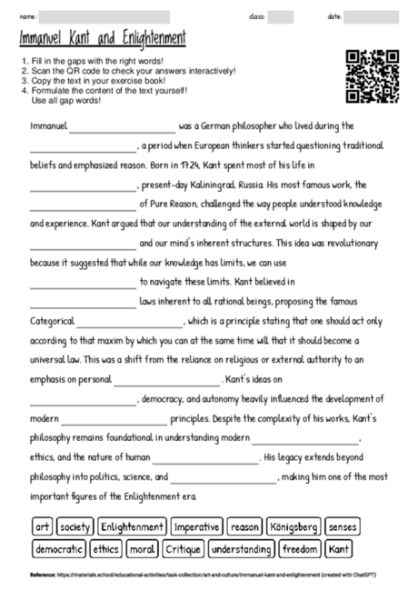 Worksheet with the topic "Immanuel Kant and Enlightenment" | MATERIALS ...