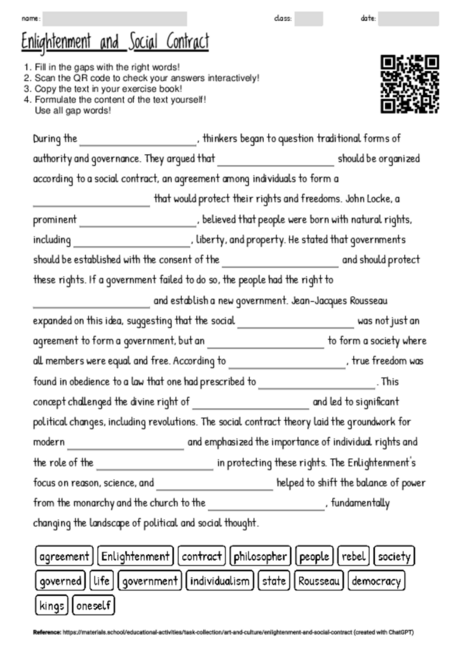 Worksheet with the topic "Enlightenment and Social Contract ...