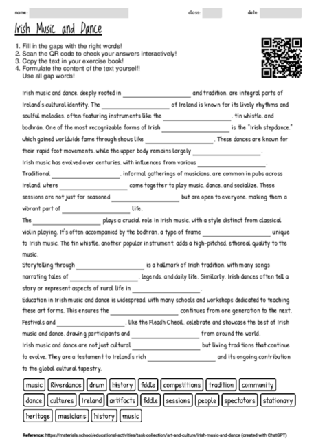 Worksheet with the topic "Irish Music and Dance" | MATERIALS.SCHOOL