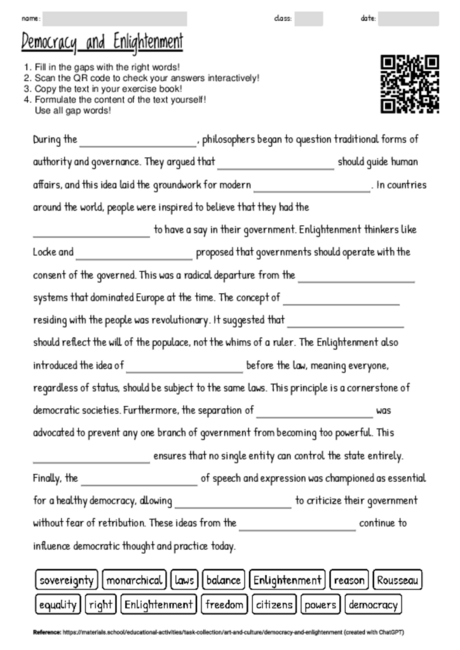 Worksheet with the topic "Democracy and Enlightenment" | MATERIALS.SCHOOL