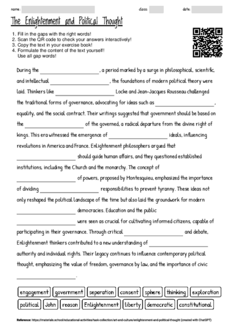 Worksheet with the topic "The Enlightenment and Political Thought ...
