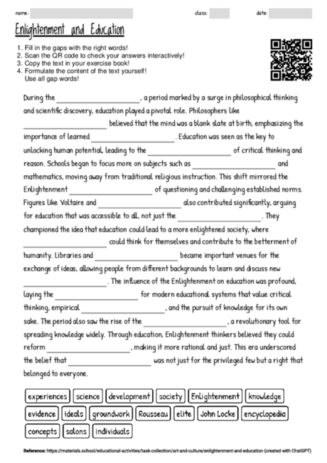 Worksheet with the topic "Enlightenment and Education" | MATERIALS.SCHOOL
