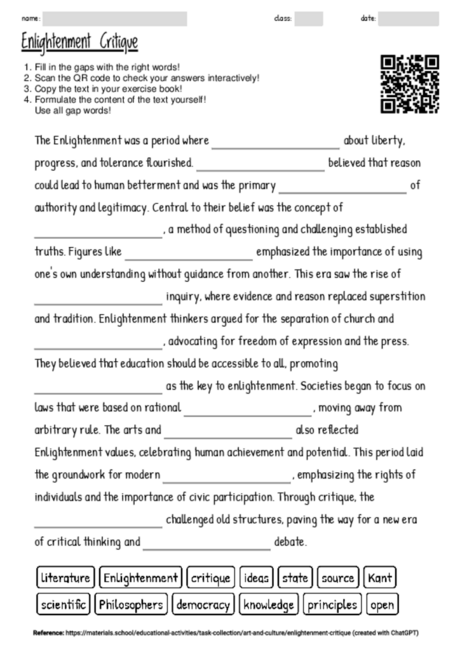 Worksheet with the topic "Enlightenment Critique" | MATERIALS.SCHOOL