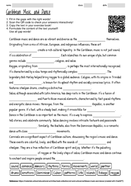 Worksheet with the topic "Caribbean Music and Dance" | MATERIALS.SCHOOL