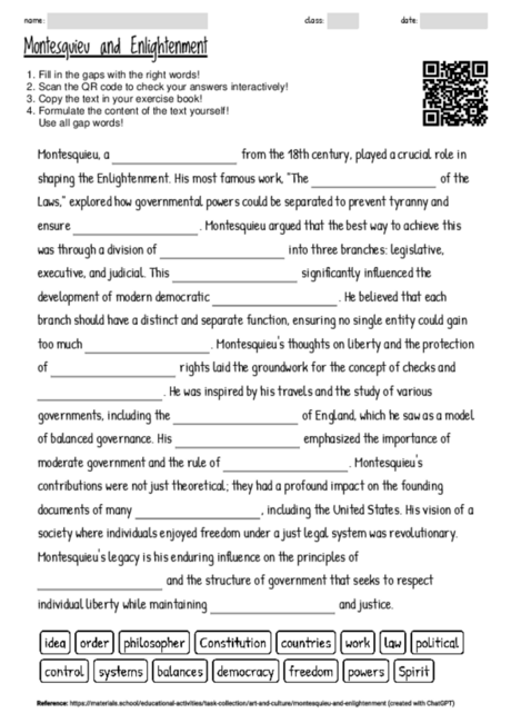 Worksheet with the topic "Montesquieu and Enlightenment" | MATERIALS.SCHOOL