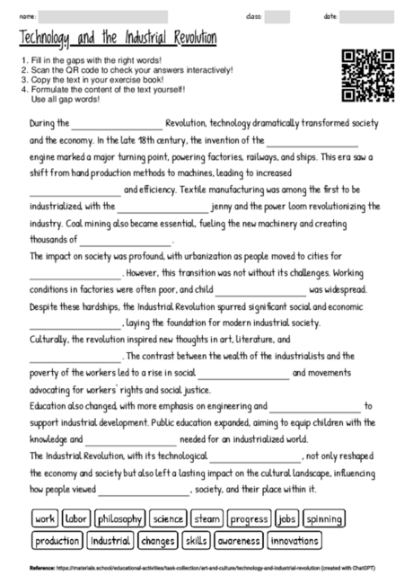 Worksheet with the topic "Technology and the Industrial Revolution ...