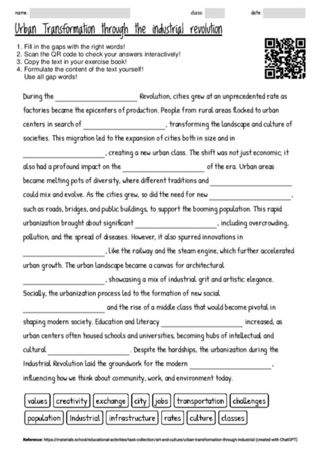 Worksheet with the topic "Urban Transformation through the industrial ...