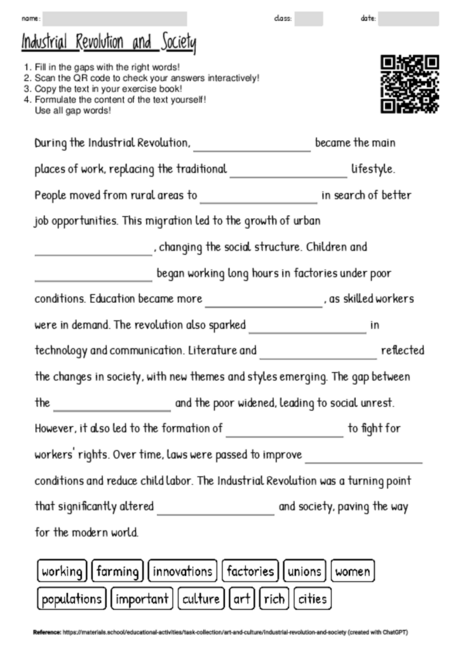 Worksheet with the topic "Industrial Revolution and Society ...