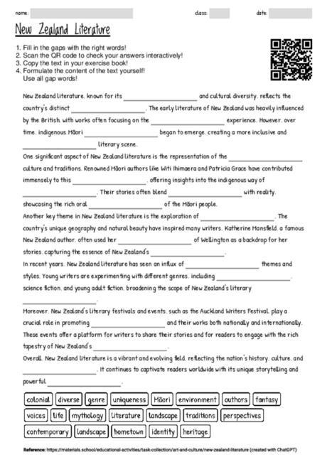Worksheet with the topic "New Zealand Literature" | MATERIALS.SCHOOL