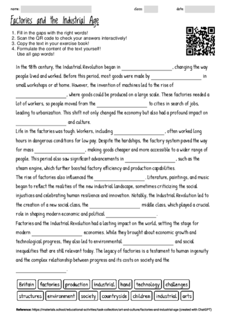 Worksheet with the topic "Factories and the Industrial Age" | MATERIALS ...