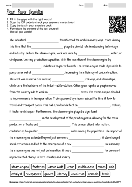 Worksheet with the topic "Steam Power Revolution" | MATERIALS.SCHOOL