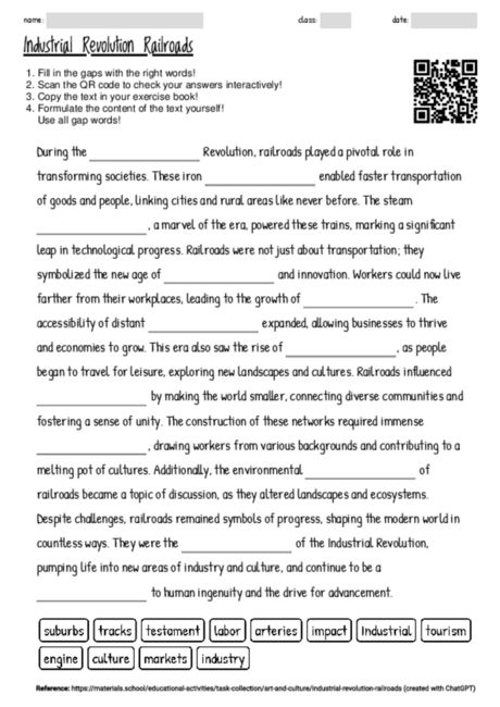 Worksheet with the topic "Industrial Revolution Railroads" | MATERIALS ...