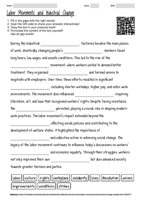 Worksheet with the topic "Labor Movements and Industrial Change ...