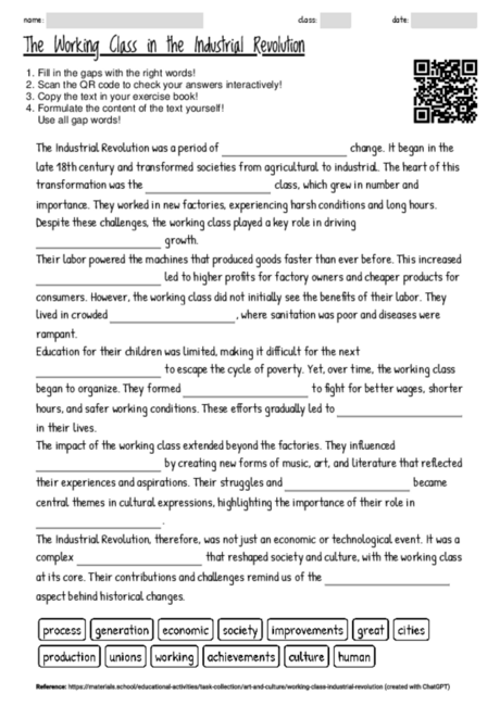 Worksheet with the topic "The Working Class in the Industrial ...