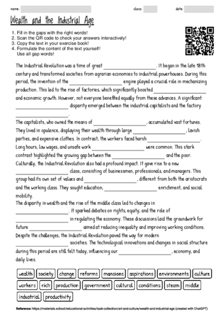 Worksheet with the topic "Wealth and the Industrial Age" | MATERIALS.SCHOOL