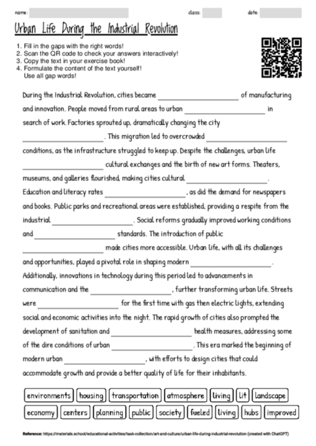 Worksheet with the topic "Urban Life During the Industrial Revolution ...