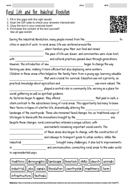 Worksheet with the topic "Rural Life and the Industrial Revolution ...