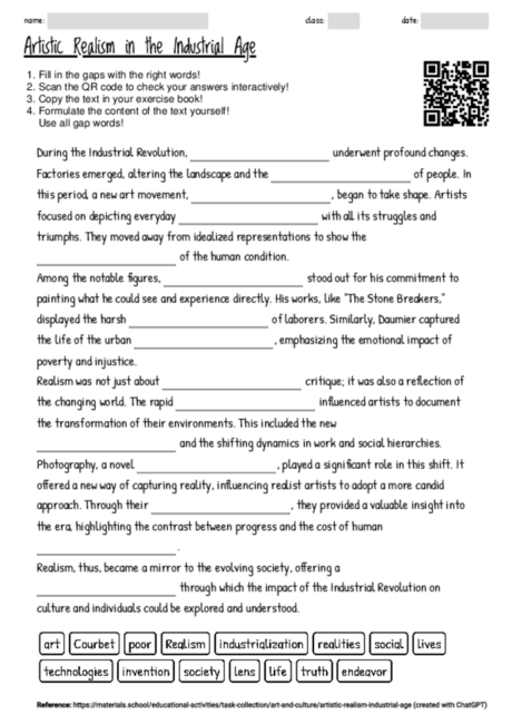 Worksheet with the topic "Artistic Realism in the Industrial Age ...