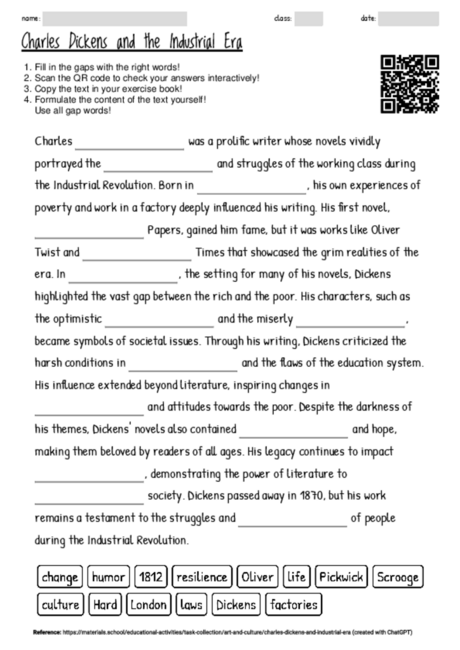 Worksheet with the topic "Charles Dickens and the Industrial Era ...