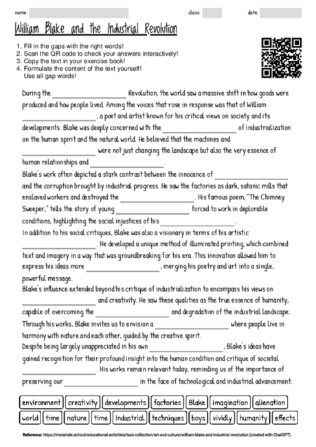 Worksheet with the topic "William Blake and the Industrial Revolution ...