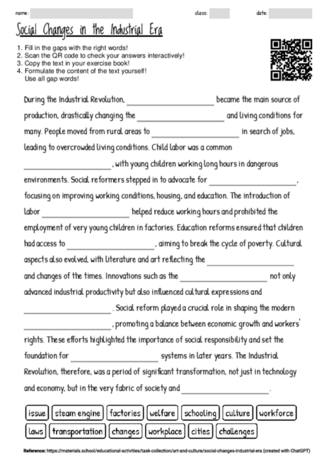 Worksheet with the topic "Social Changes in the Industrial Era ...