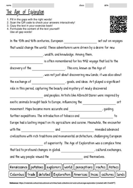 Worksheet with the topic "The Age of Exploration" | MATERIALS.SCHOOL