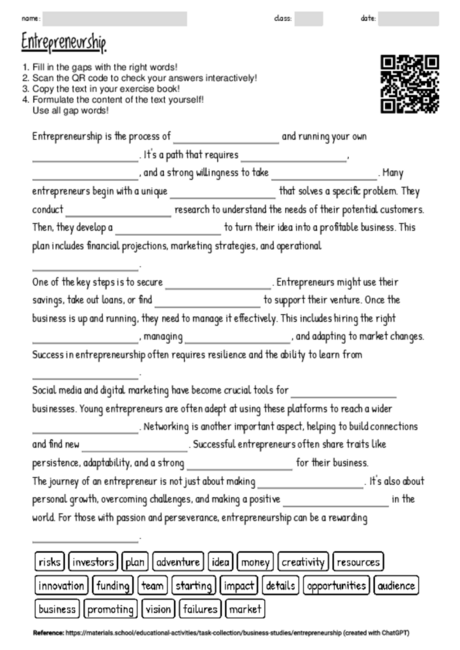 Worksheet with the topic "Entrepreneurship" | MATERIALS.SCHOOL