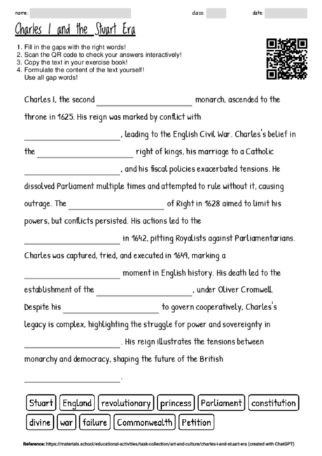 Worksheet with the topic "Charles I and the Stuart Era" | MATERIALS.SCHOOL