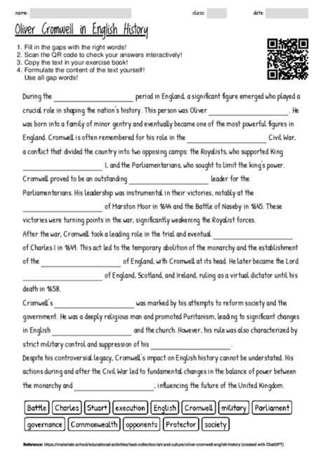 Worksheet with the topic "Oliver Cromwell in English History ...