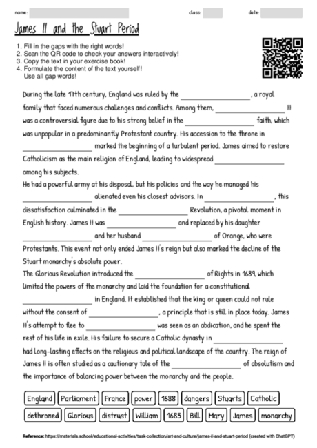 Worksheet with the topic "James II and the Stuart Period" | MATERIALS ...
