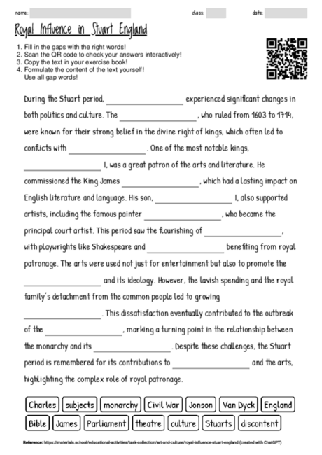 Worksheet with the topic "Royal Influence in Stuart England ...