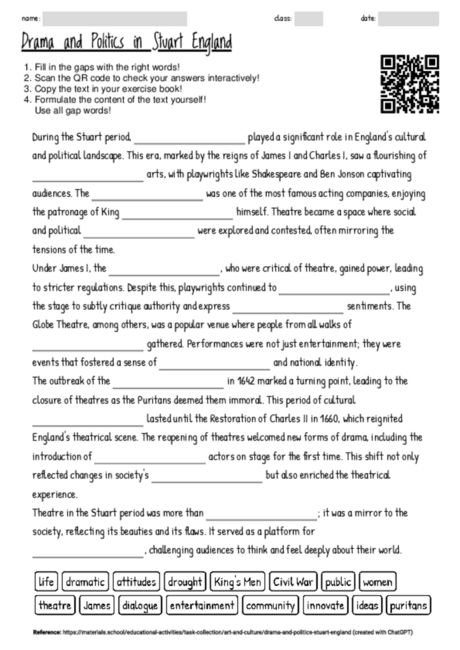Worksheet with the topic "Drama and Politics in Stuart England ...