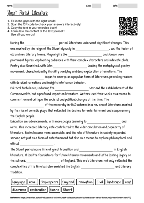 Worksheet with the topic "Stuart Period Literature" | MATERIALS.SCHOOL